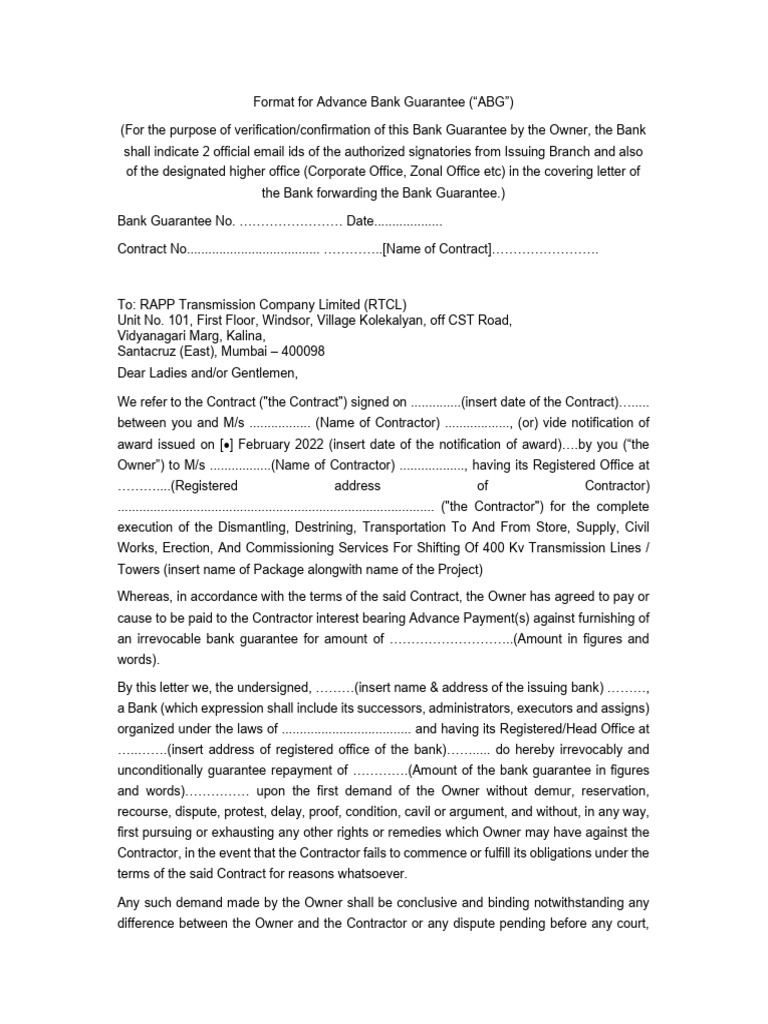Advance Bank Guarantee Format Template | PDF | Guarantee | Liquidation