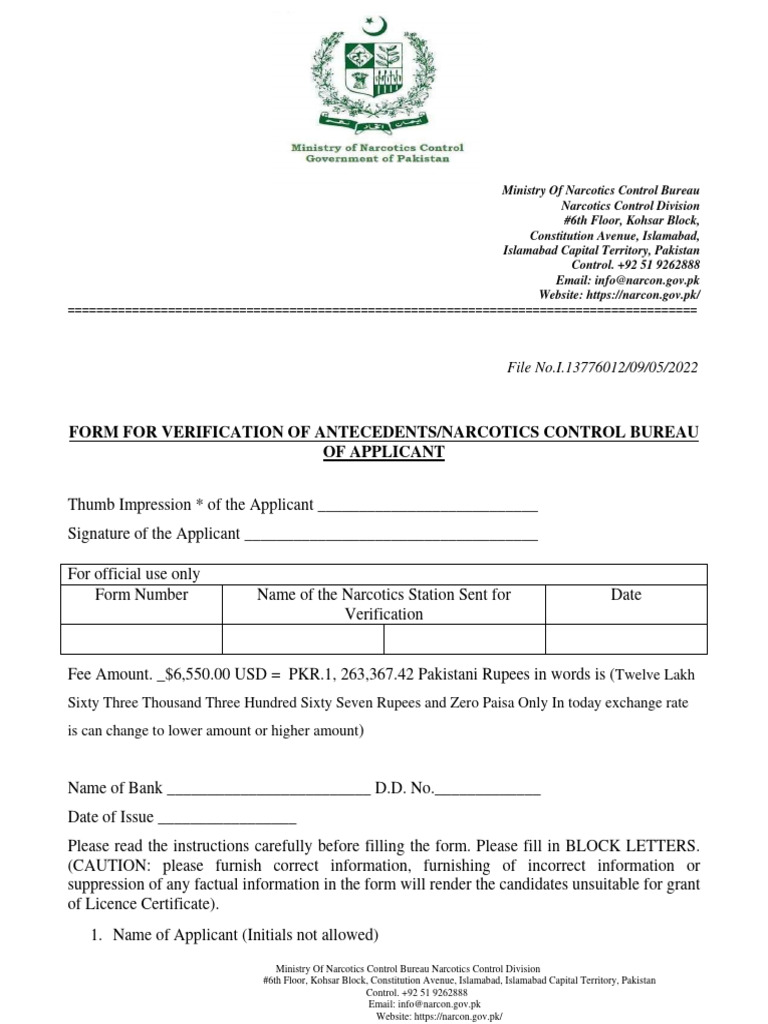 Narcotics Control Bureau Form Pakistan | PDF | Illegal Drug Trade