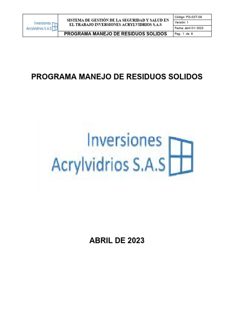 PG-SST-09 Programa de Manejo de Residuos Solidos Acrylvidrios S.A.S 2023 | PDF | Residuos | Papel