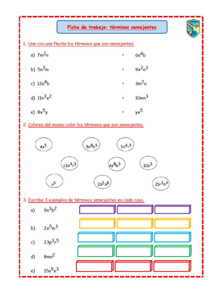 Ficha Adicion de Terminos Semejantes Algebra | PDF