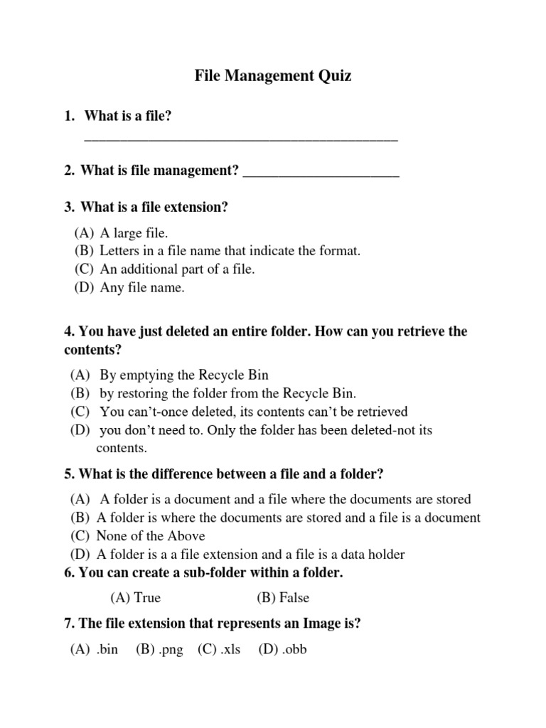 Class 3 File Management Quiz | PDF