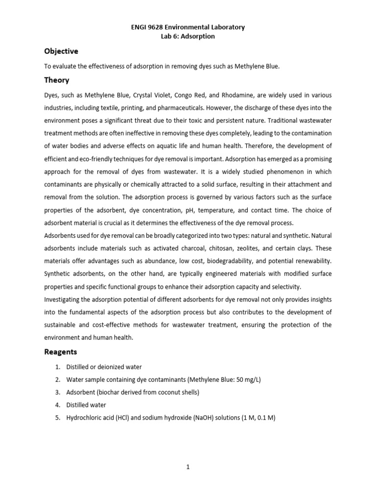Adsorption of Methylene Blue in Wastewater | PDF | Adsorption ...