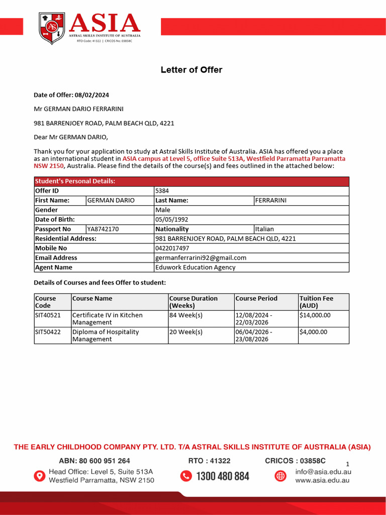 Offer Letter for ASIA Courses 2024 | PDF | Fee | International English ...