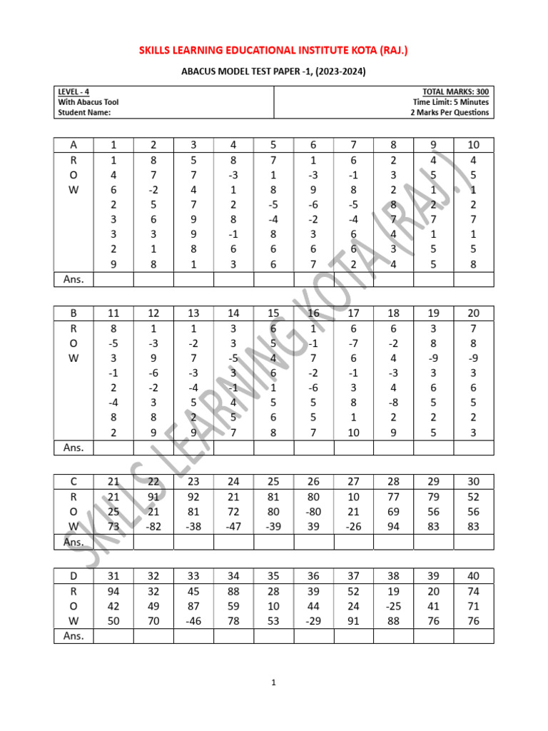 Abacus Level 4 Model Test Papers 1 | PDF