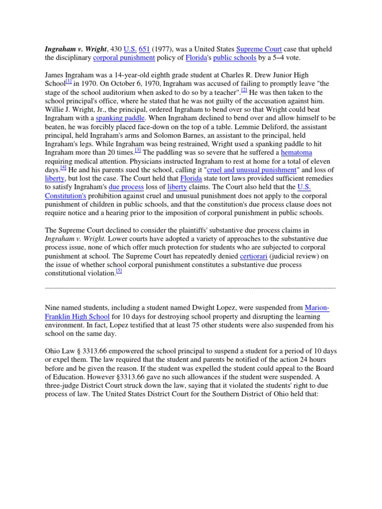 Ingraham v. Wright, 430: U.S. 651 Supreme Court Corporal Punishment ...