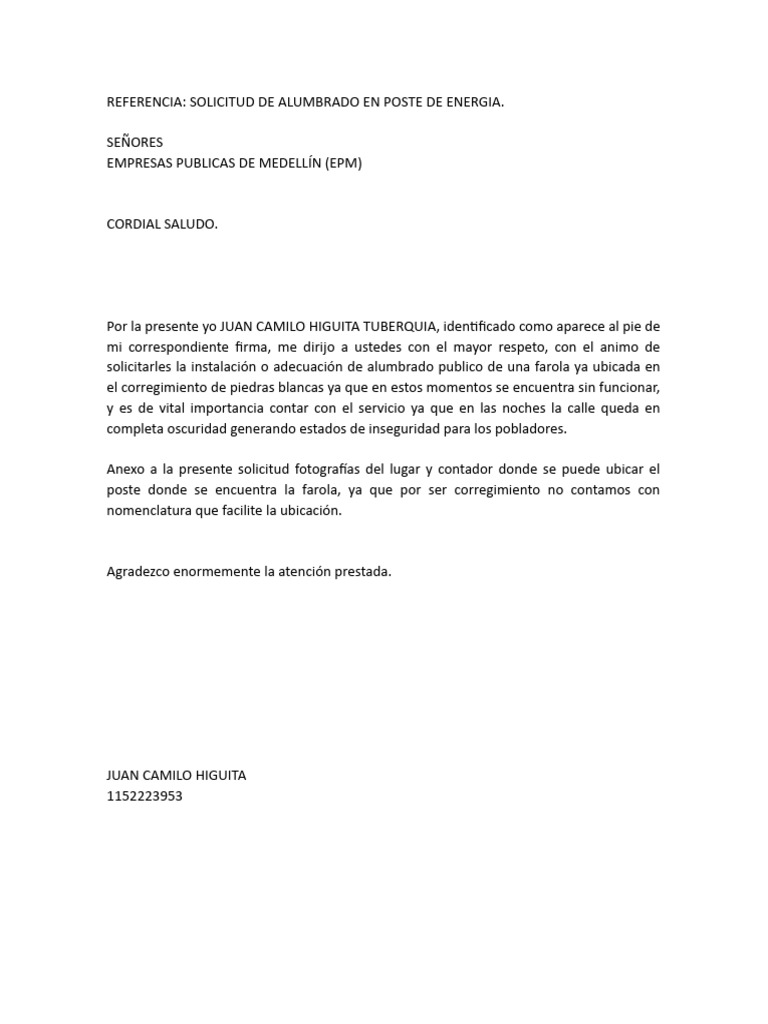 Solicitud Alumbrado Epm | PDF
