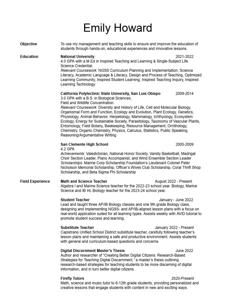 emily howard cv 1 | PDF | Teachers | Science
