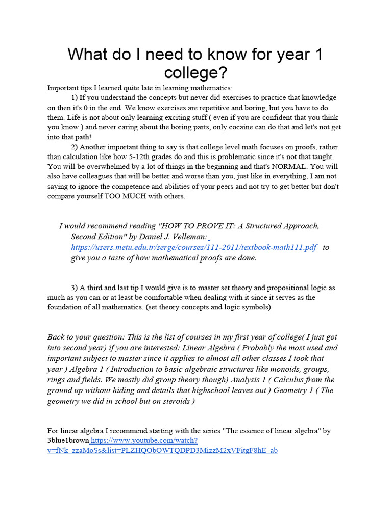 Year 1 College Math Tips & Resources | PDF | Mathematics | Algebra