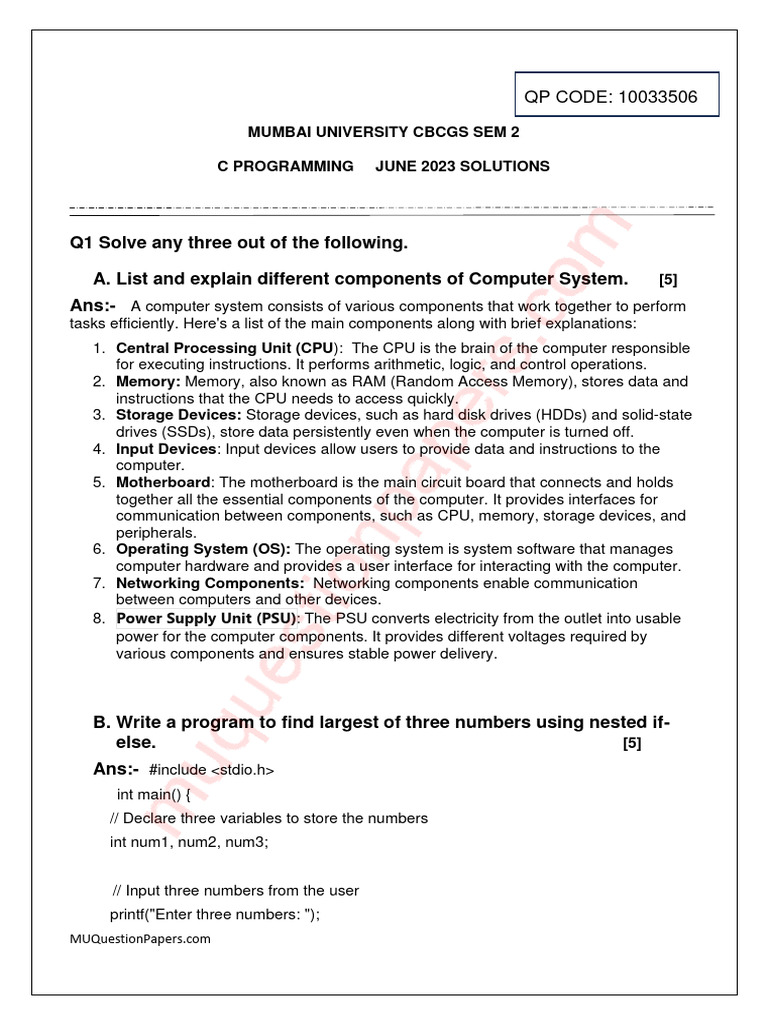 Be - First Year Engineering - Semester 2 - 2023 - May - C Programming Rev 2019c Scheme | PDF ...