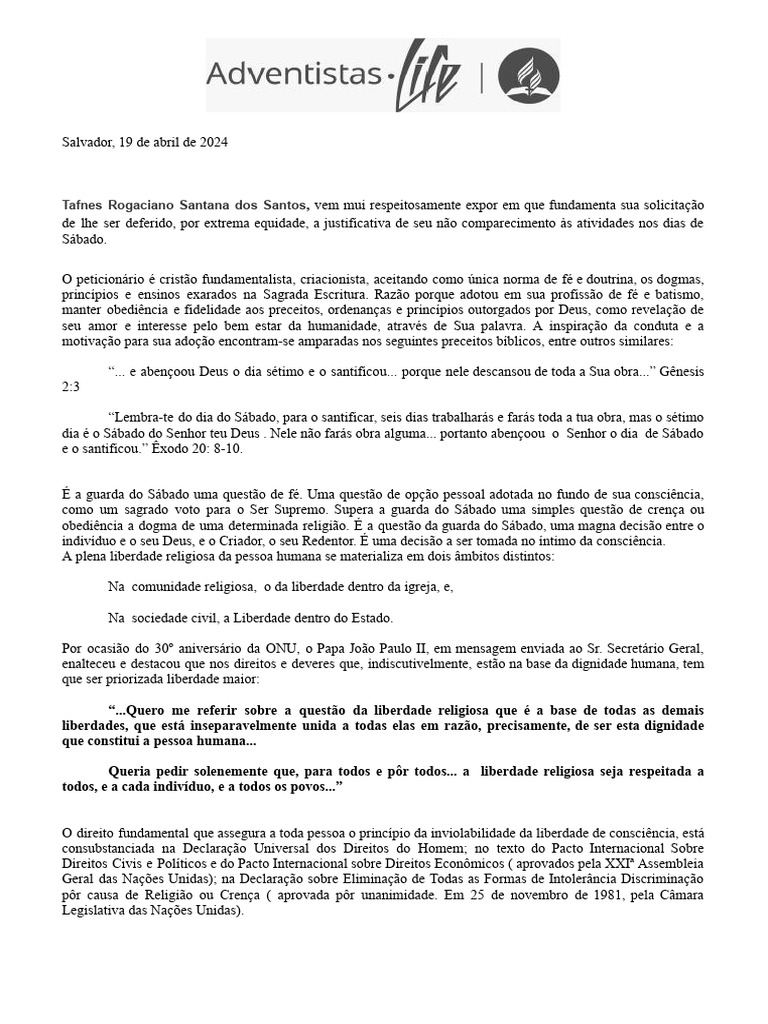Carta de Liberdade Religiosa Tafnes - Docx Assinado | PDF | Shabat ...