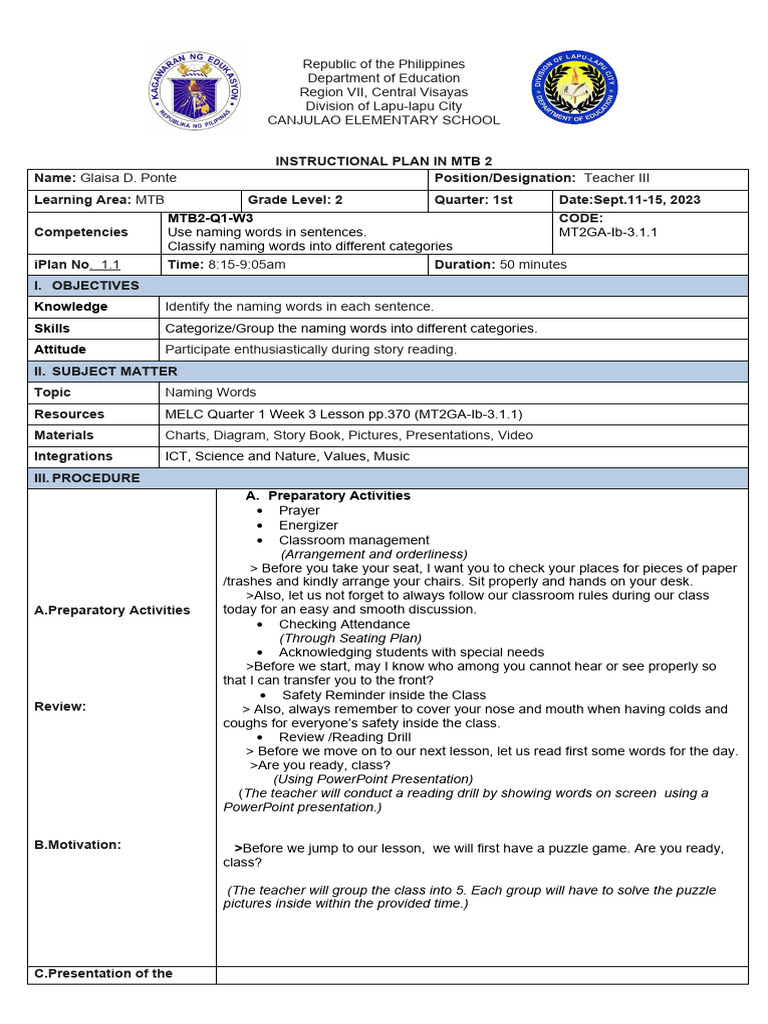02 MTB2 Iplan Q1 W3 | PDF | Classroom | Educational Technology