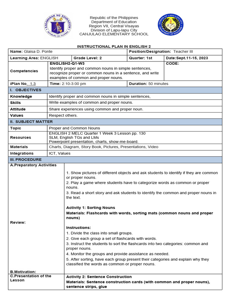 06 English2 Iplan Q1 W3 | PDF | Noun | Worksheet