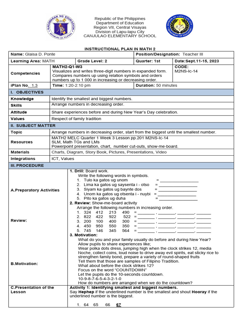 05-MATH2-IPLAN-Q1-W3 | PDF | Learning | Cognition