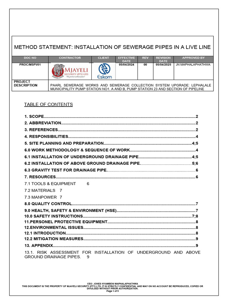 Method Statement - Installation of Sewerage Piles in Live Line ...