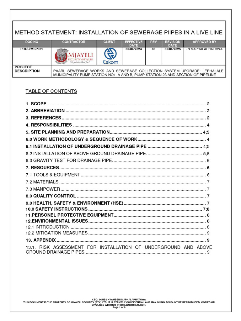 Method Statement - Installation of Sewerage Piles in Live Line | PDF ...