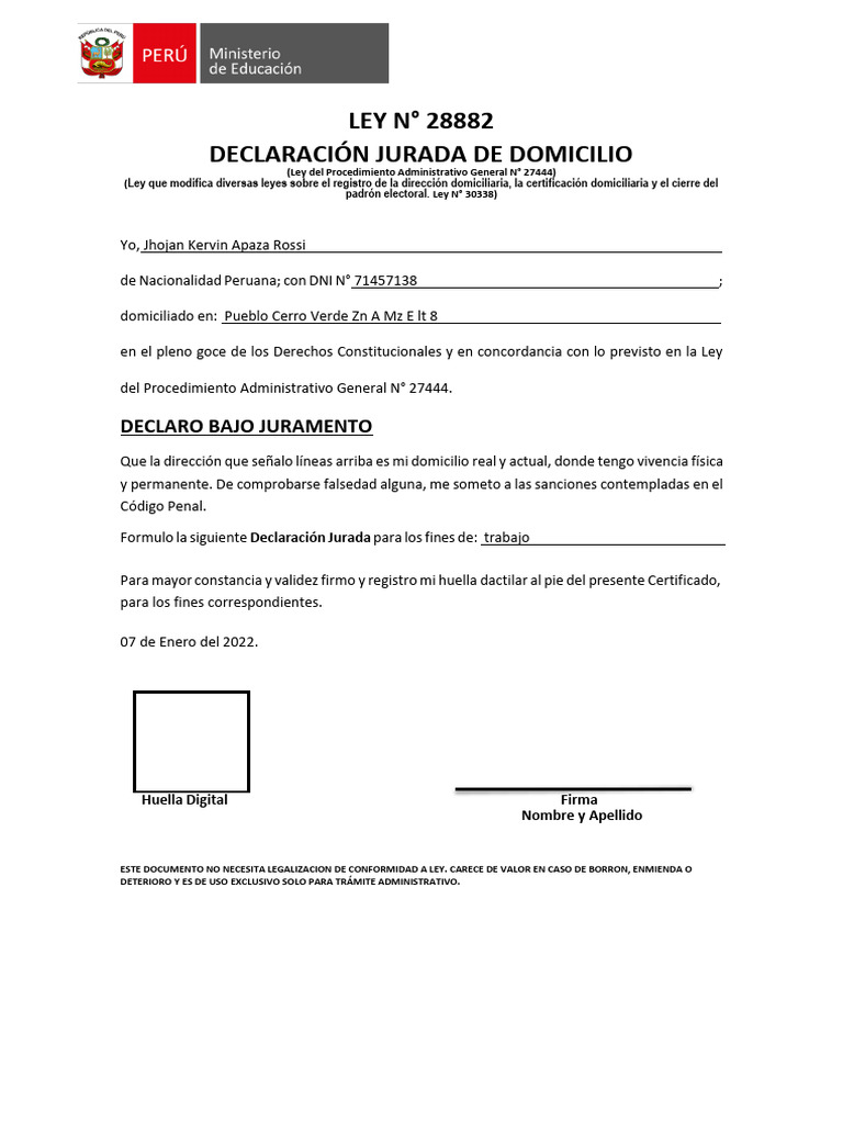 Declaracion Jurada Domiciliaria | PDF | Derecho