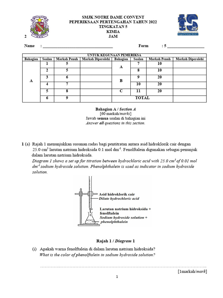 1 (A) Rajah 1 Menunjukkan Susunan Radas Bagi Pentitratan Antara Asid Hidroklorik Cair Dengan | PDF