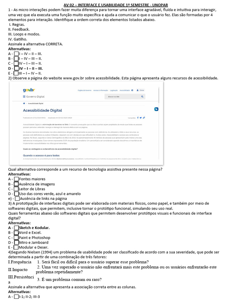 Av 02 - Interface e Usabilidade Unopar | PDF | Usabilidade | Engenharia de Software