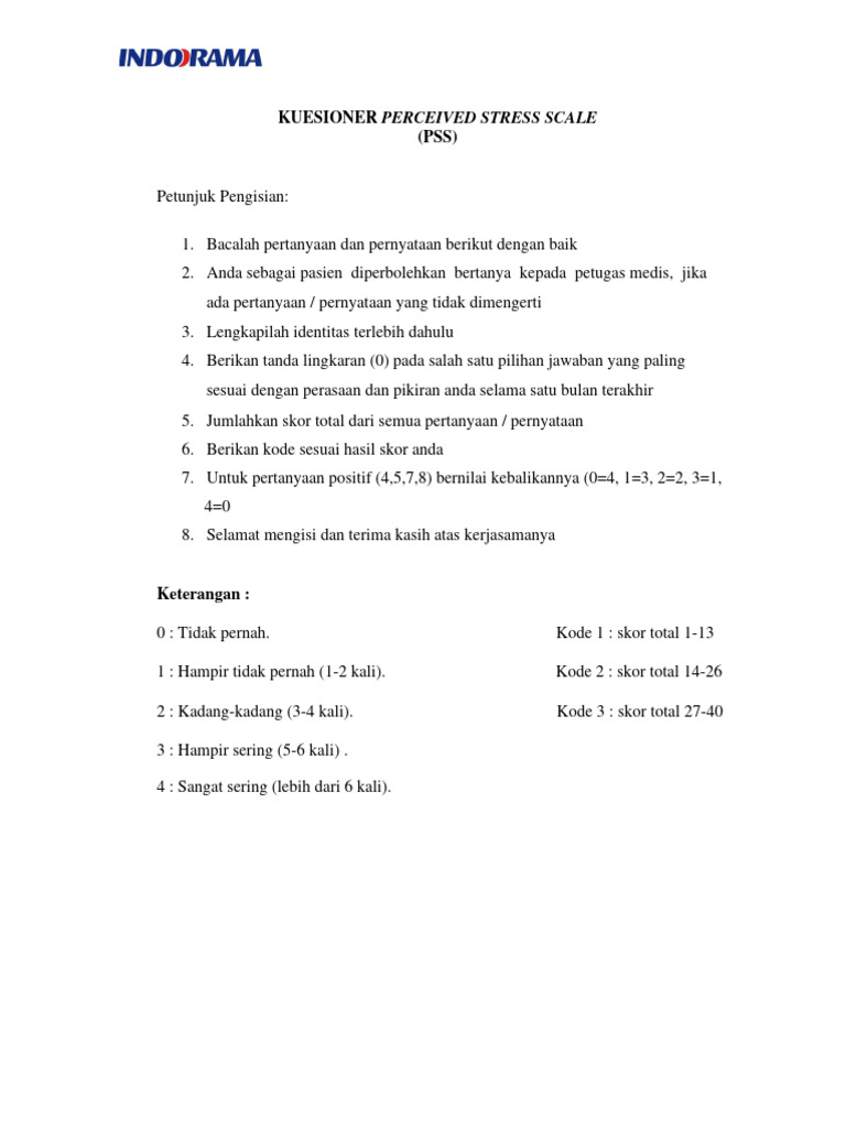 Kuesioner Skala Stres PSS Indonesia | PDF