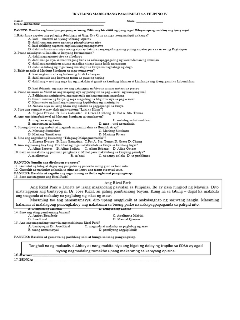 Ikatlong Markahang Pagsusulit Sa Filipino Iv | PDF