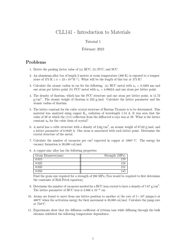 Tutorial 1 CLL141 | PDF | Crystal Structure | Diffusion