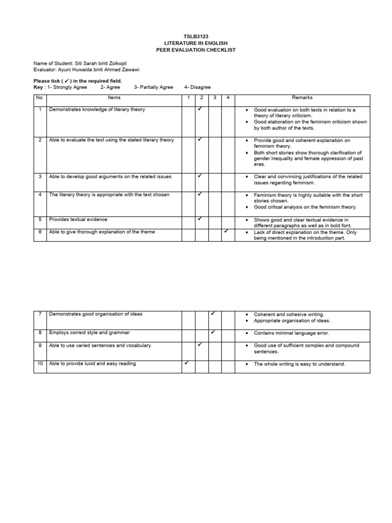 TSLB3123 Peer Evaluation Form SARAH | PDF | Feminism | Gender Studies