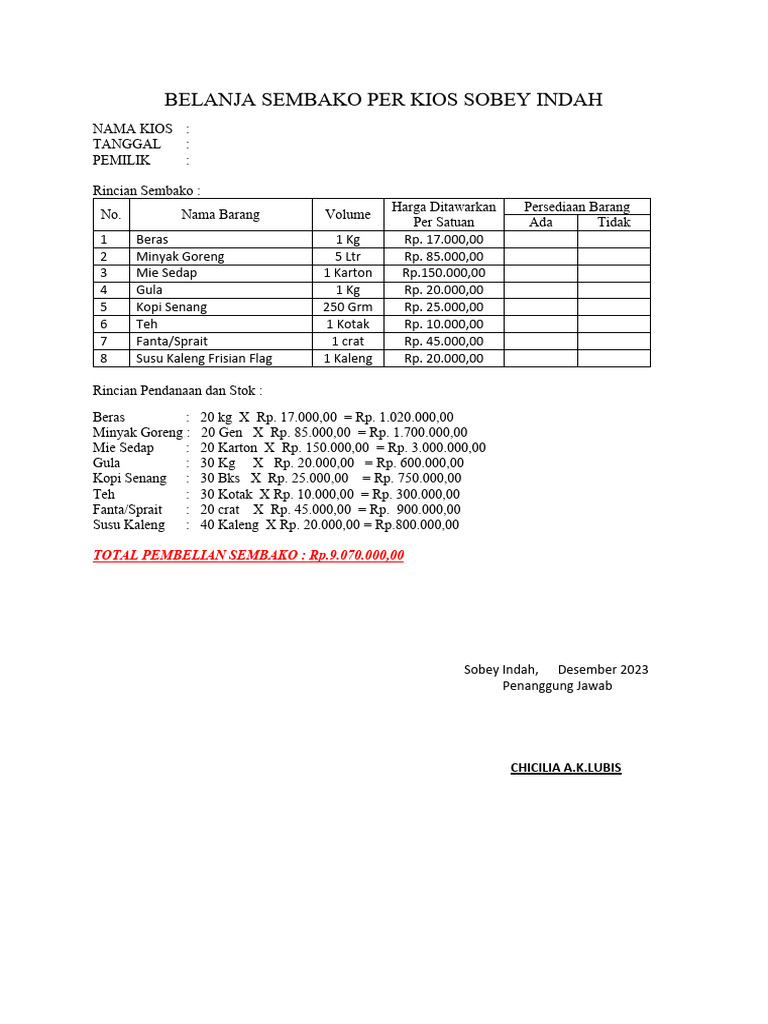 Laporan Belanja Sembako Kios | PDF