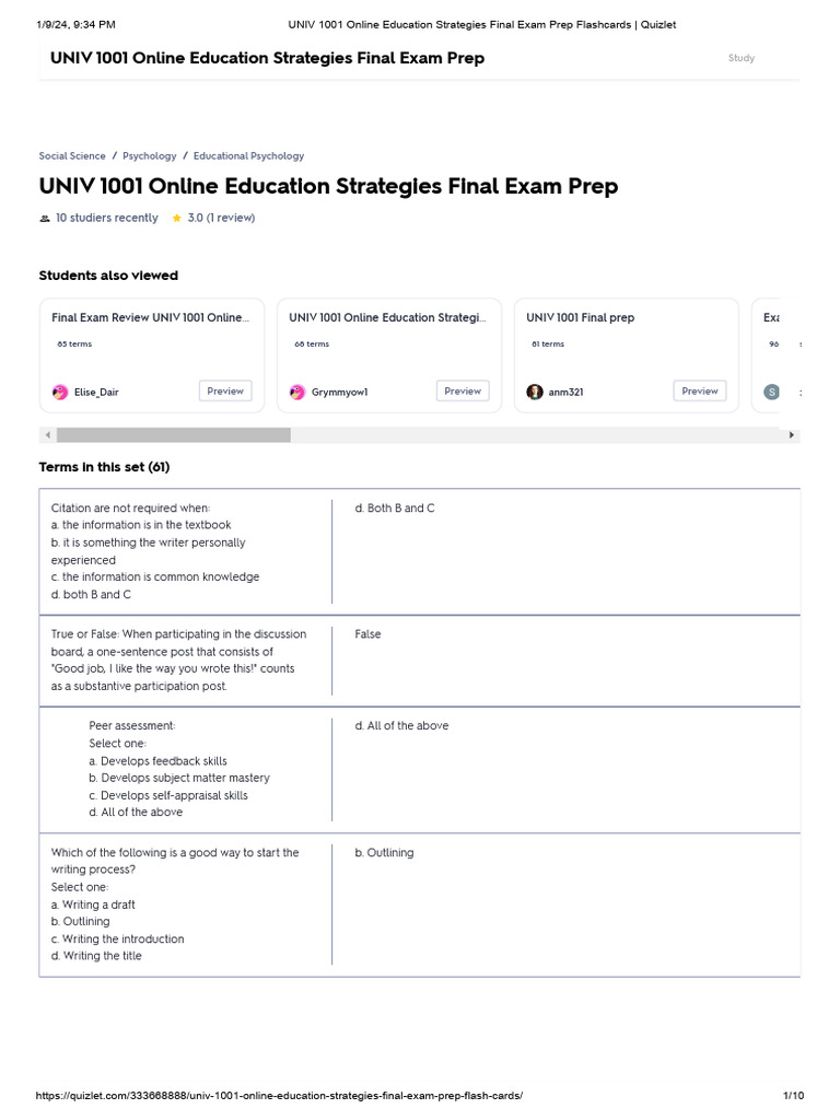 UNIV 1001 Online Education Strategies Final Exam Prep Flashcards ... UNIV 1001 Online Education Strategies Final Exam Prep Flashcards ...