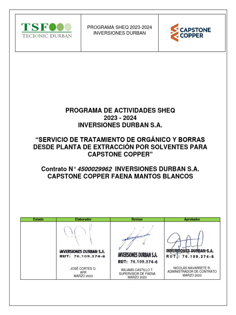 Plan SHEQ TSF 2023 - 2024 V2 | PDF | Seguridad y salud ocupacional | Calidad (comercial)