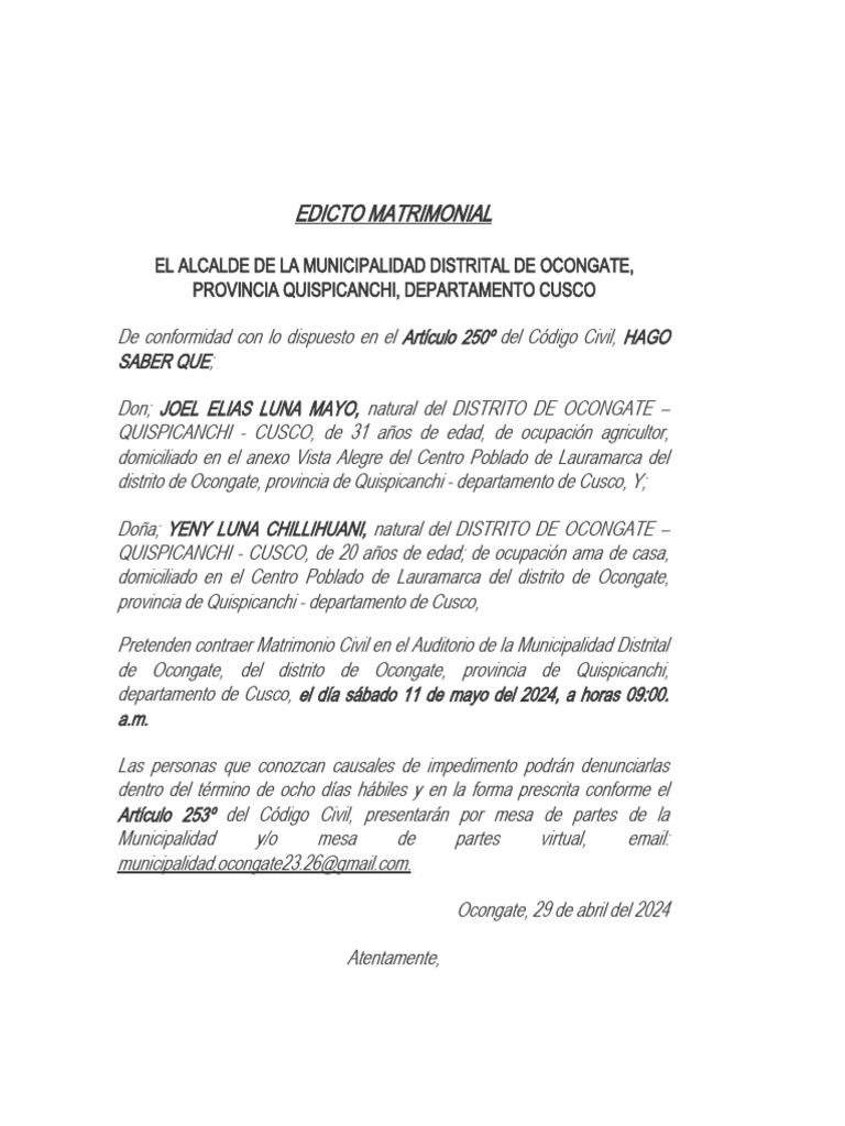 Edicto Matrimonial en Ocongate, Cusco | PDF | Política | Derecho