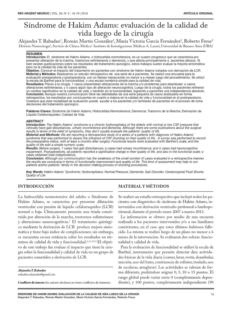 Síndrome de Hakim Adams: Evaluación de La Calidad de Vida Luego de La ...