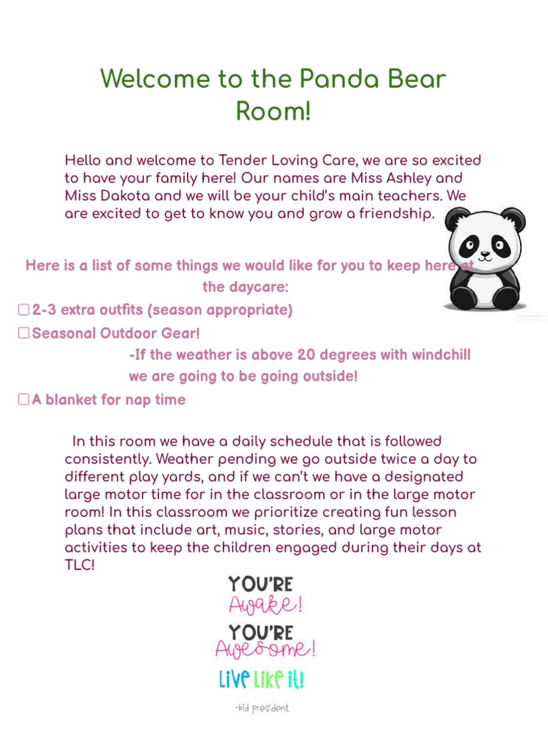 Panda Bear Room Daycare Guide | PDF | Language Arts & Discipline