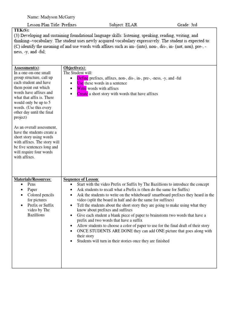 lesson plan affixes | PDF | Word | Linguistic Morphology