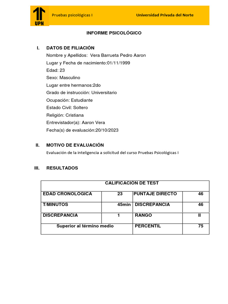 Aaron Vera-Informe Psicologico RAVEN | PDF | Ciencia cognitiva | Conceptos psicologicos
