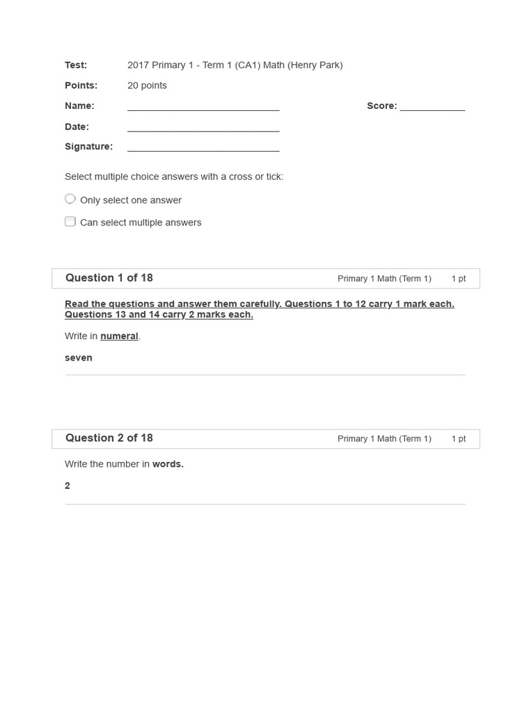 Primary 1 Math Term 1 - Henry Park - 1626155223 | PDF | Mathematics