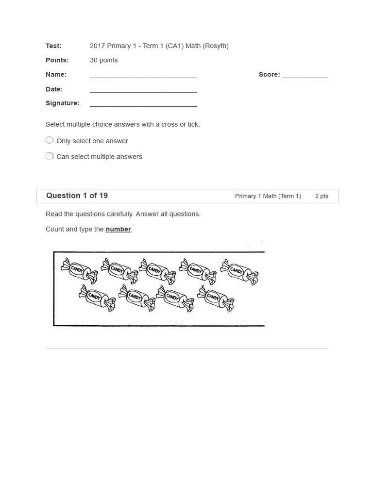 Primary 1 Math Term 1 Assessment | PDF | Mathematics