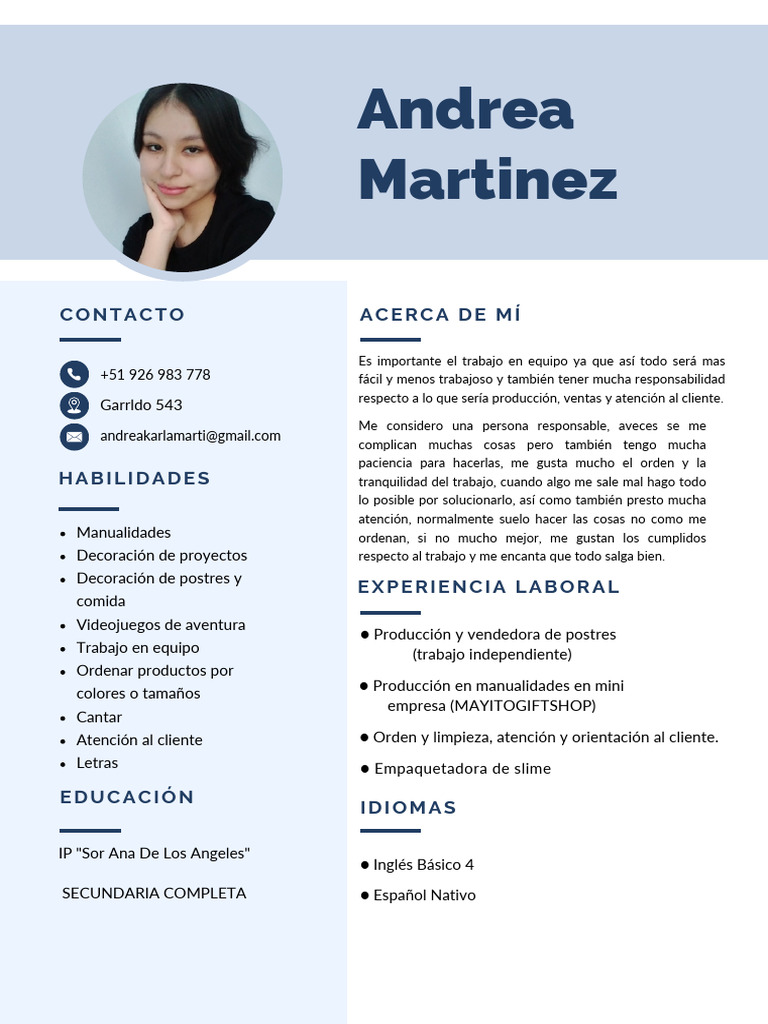 Currículum Vitae CV de Mujer Minimalista Azul | PDF | Relaciones personales, crianza y ...