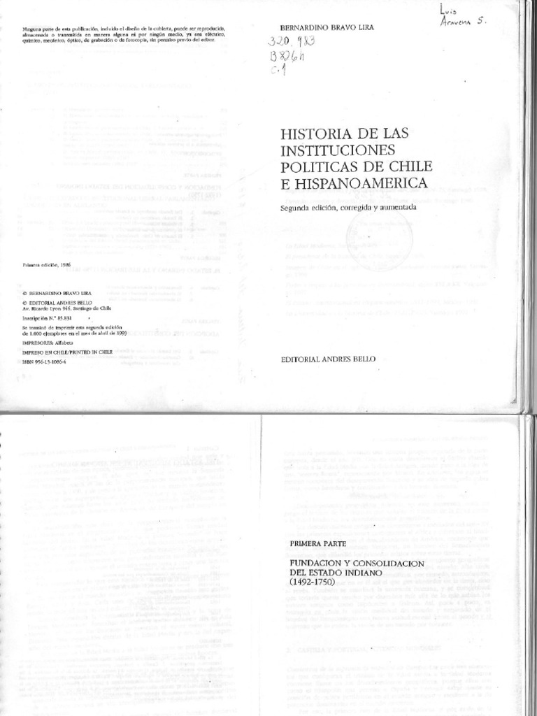 Bernardino Bravo Historia de Las Instituciones Pol Ticas de Chile e Hispanoam Rica Revisar Cap ...