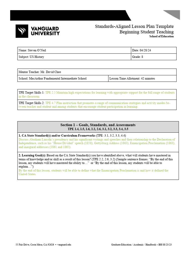 BST Lesson Plan Emancipation Proclamation 23-24 | PDF | Lesson Plan ...