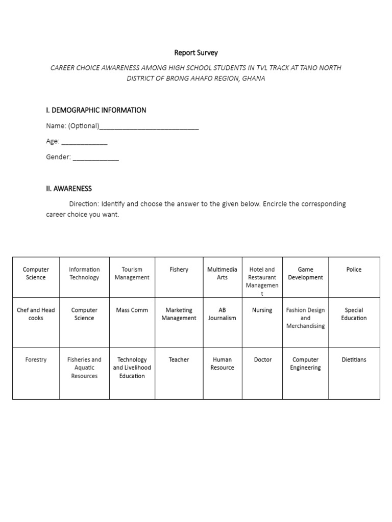 CAREER CHOICE AWARENESS AMONG HIGH SCHOOL STUDENTS IN TVL TRACK AT TANO ...