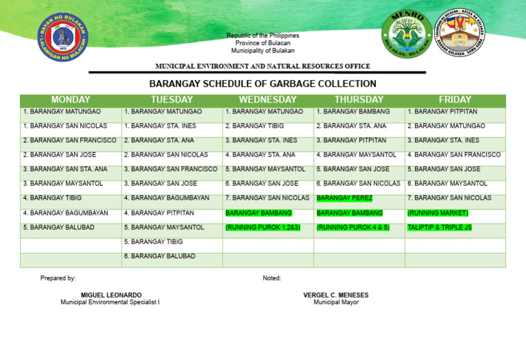 Bulakan Garbage Collection Schedule | PDF