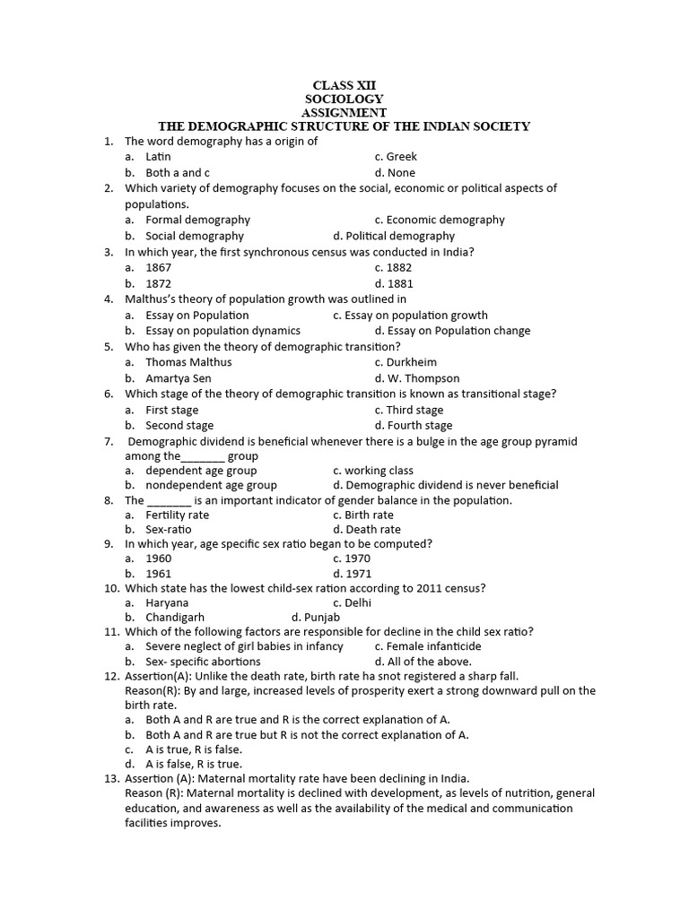 Sociology Assignments Class 12 | PDF | Demography | Environmental Social Science