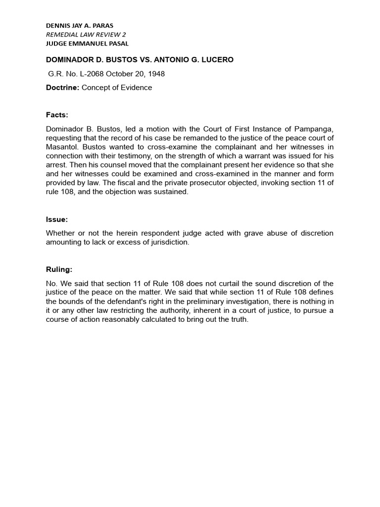 Remedial Law Review 2 (Paras, Dennis Jay A.) Case Digest - Module 5 | PDF | Burden Of Proof (Law ...