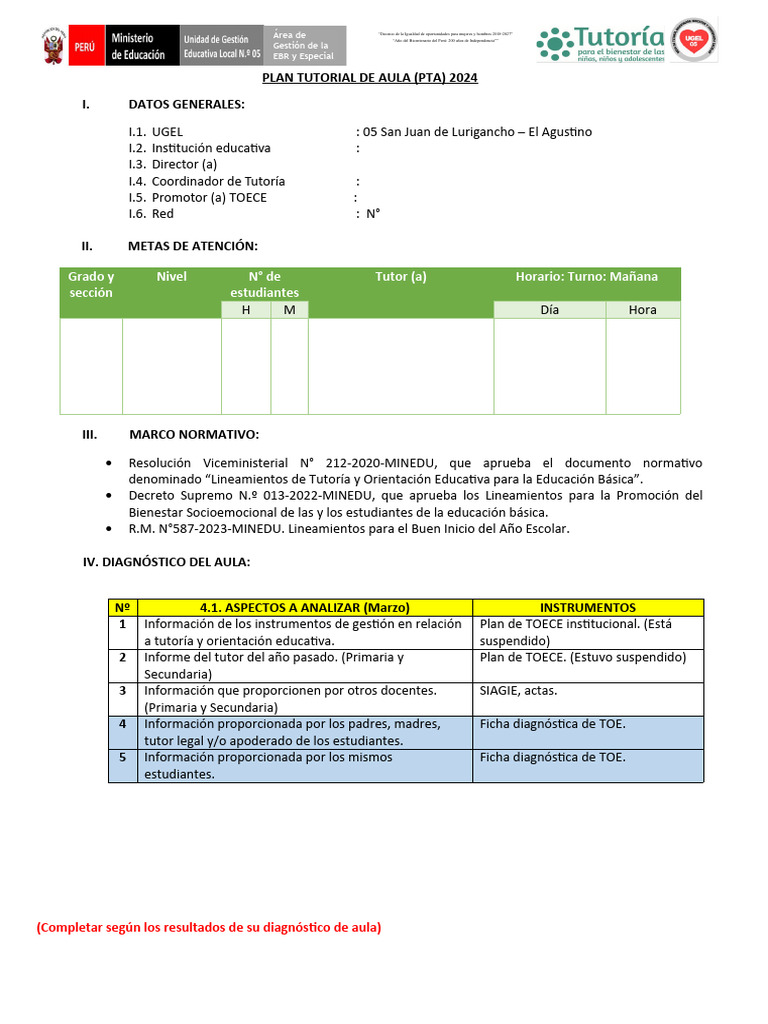 Plan de Tutoría de Aula Pta II - Ee. Educación Secundaria 2024 - Modelo ...
