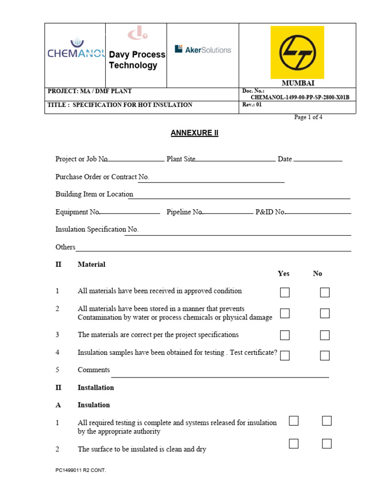 6 Specification For Hot Insulation - Joint Inspection Checklist ...