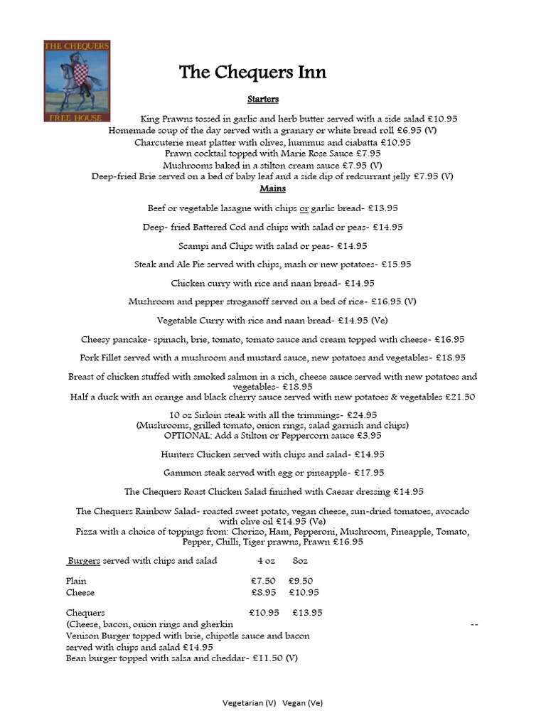 Chequers Inn Menu for All Diets | PDF | Salad | French Fries
