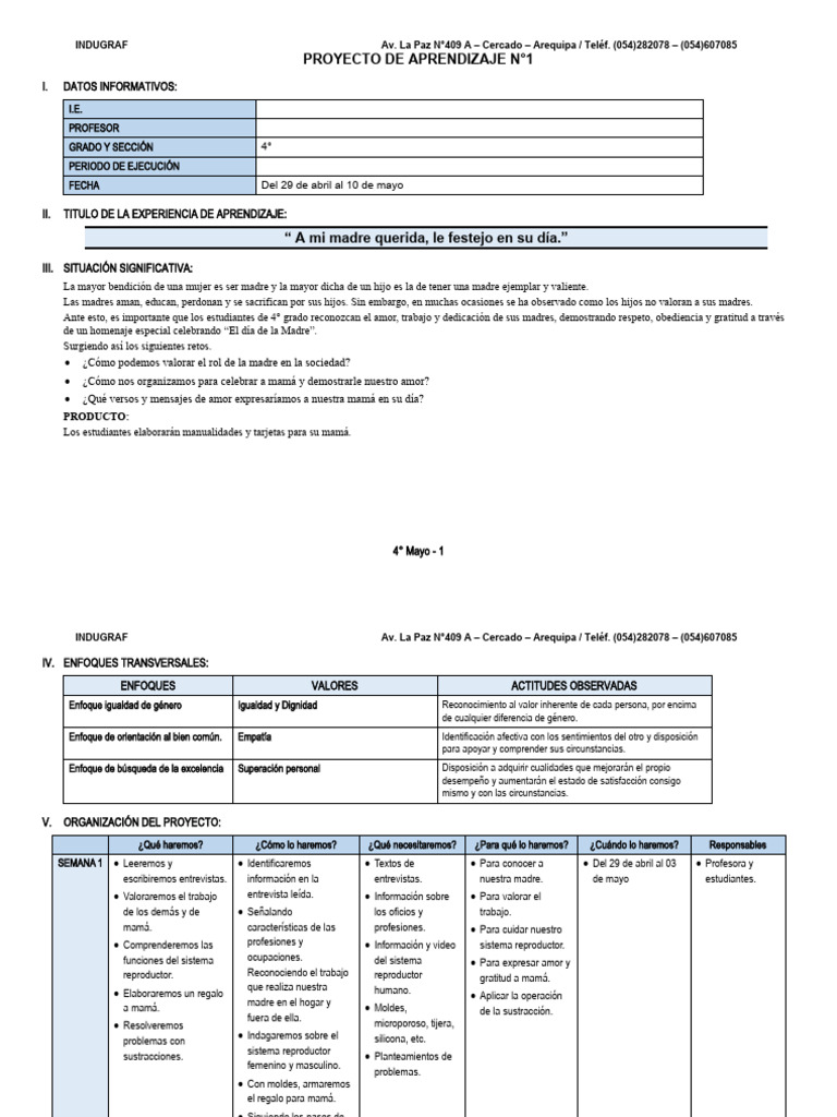 4° Grado - Proyecto de Aprendizaje N°01 | PDF | Aprendizaje | Multiplicación
