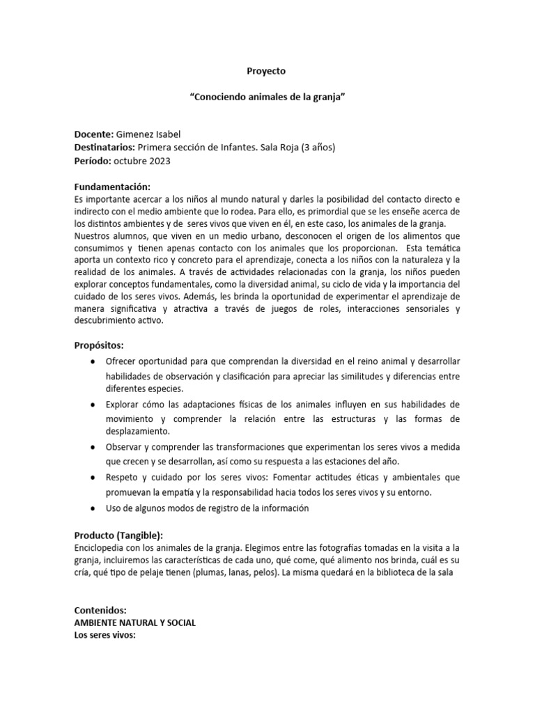 Proyecto: Animales de la Granja 3 Años | PDF | Aprendizaje | Entorno ...
