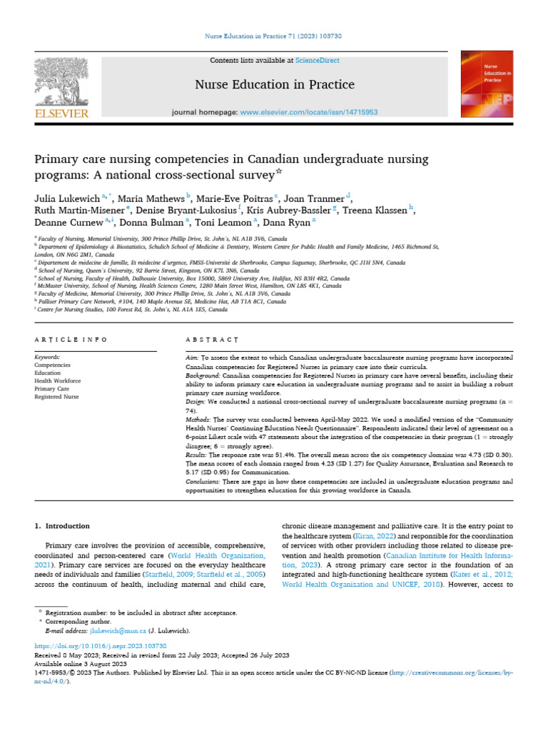 Canadian Nursing Competencies Survey | PDF | Nursing | Primary Care