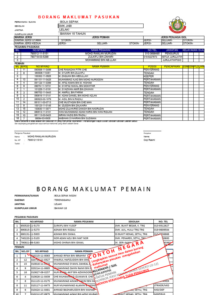 Borang Pendaftaran Bola SMK Jabi b15 | PDF